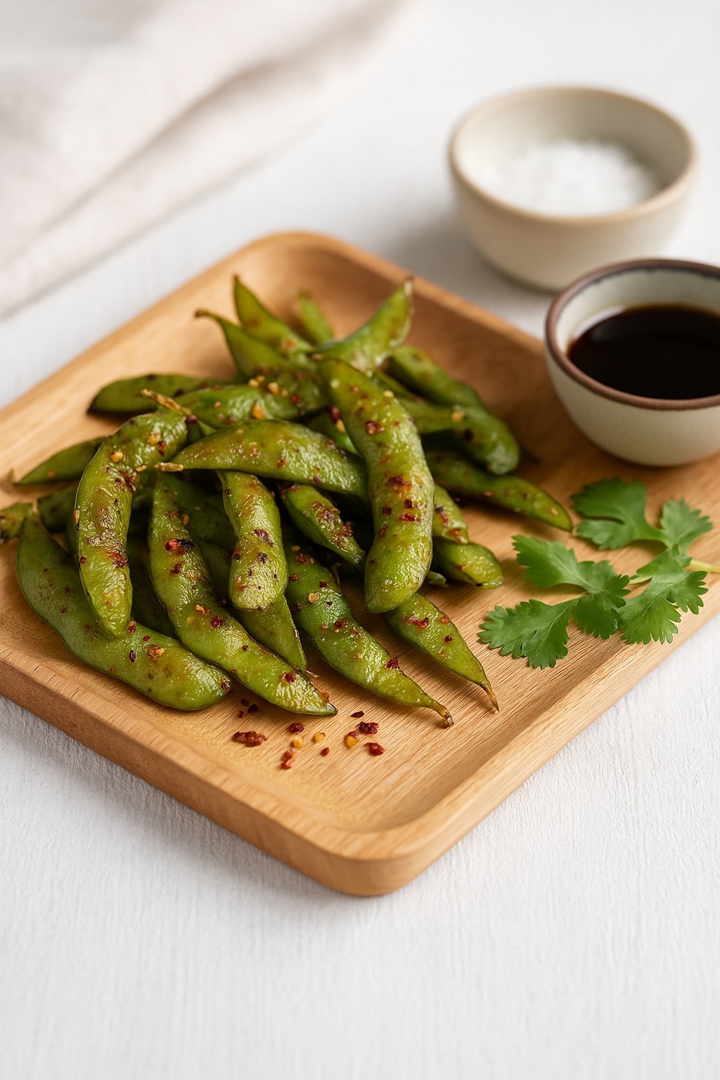 Geröstete Edamame mit Chili & Knoblauchöl
